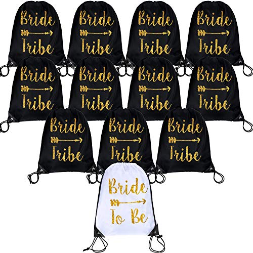 Maitys 12 Pieces Bride Drawstring Bags Bachelorette Party Drawstring Backpacks for Bridal Shower Wedding Party Bridesmaids Supplies Gift Bag (Black)