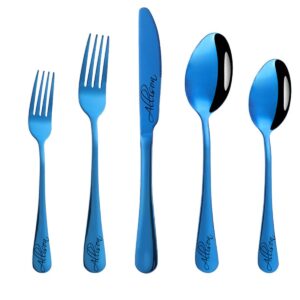 obtian stainless steel customized flatware set,engraving name knife forks spoon,personalized names will be engraved on your tableware, customized birthday christmas gift blue