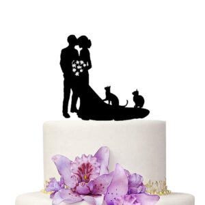 wedding cake toppers bride and groom with cats animal black color acrylic silhouette wedding party engagement decoration