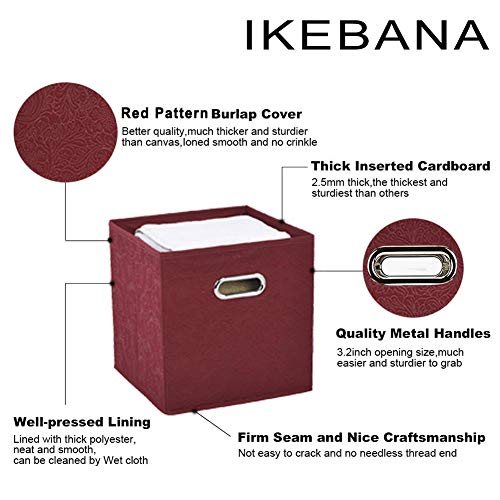 IKEBANA 11 inches Embossed Claret Red Cube Storage Bins, Foldable Fabric Storage Bins Drawers Clothes Organizer Collapsible Cube Storage Bins, Metal Handles 6 Pack