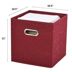 IKEBANA 11 inches Embossed Claret Red Cube Storage Bins, Foldable Fabric Storage Bins Drawers Clothes Organizer Collapsible Cube Storage Bins, Metal Handles 6 Pack