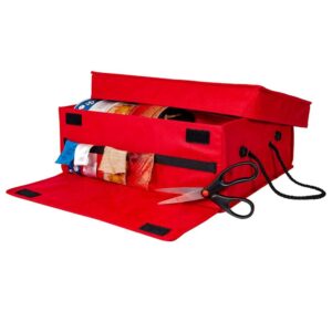 [ribbons storage box] - holds ribbon rolls size small through extra large | ribbon dispenser for each spool | gift wrap accessories pouch to hold scissors, bows, tape, and more (red)