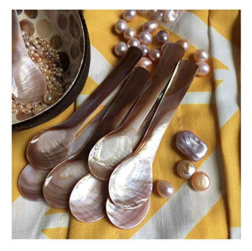 DUEBEL Set of 6 Pink Mother of Pearl 4.5 inch / 11cm MOP Caviar Spoons W Round Handle for Caviar Serving or Egg Serving