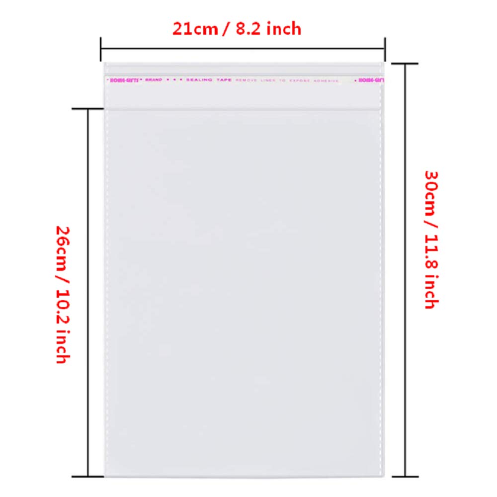 Borningfire 200 Pcs 8" x 10" Self Seal Clear Cellophane Bags Resealable Plastic Apparel Bags Perfect for Packaging Clothing, T-Shirt, Brochure, Prints, Handicraft Gift Bags