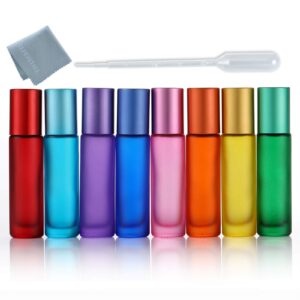 elfenstall 8pcs 10ml 1/3oz high-grade colorful frosted roll on bottles thick glass massage roller bottles tube vials containers for essential oils aromatherapy perfumes lip balms 1pc 3ml dropper