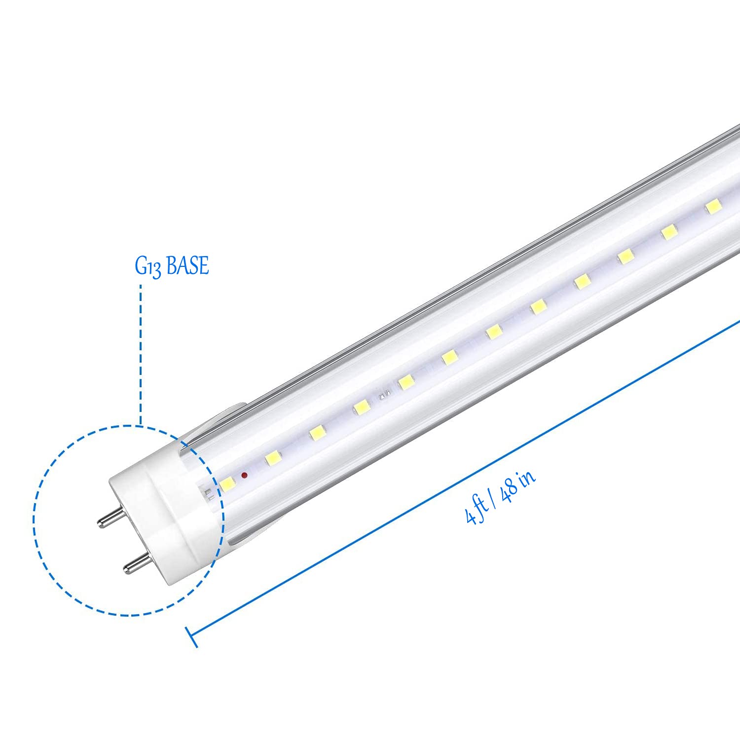 HMINLED 48’’ Double-Ended 6000K Clear LED Tube, 4 ft T8 Ballast Bypass Bulb, 22W (65W Fluorescent Replacement) 6500K Tubelight, 2400LM Bright Light, T10 T12 Type B Cool White (25-Pack)