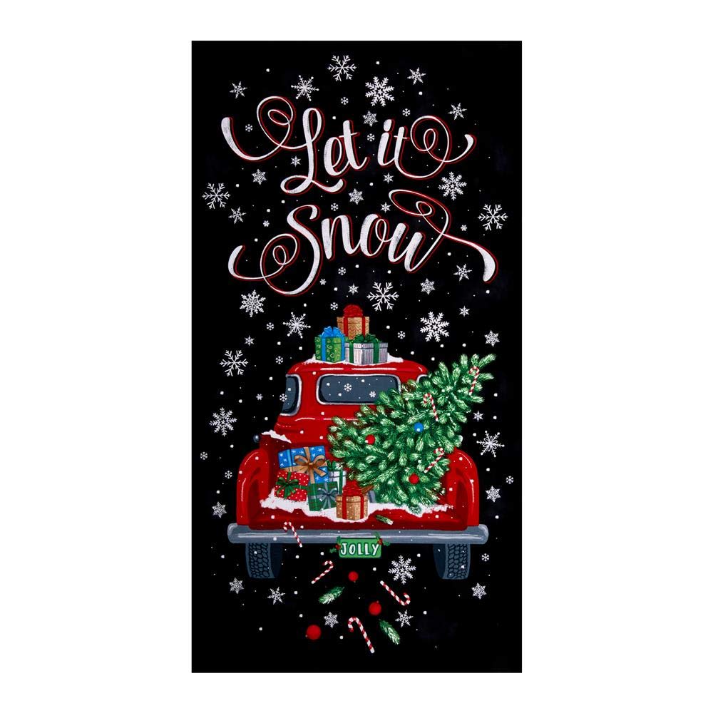 Timeless Treasures Let It Snow 24'' Red Truck Christmas Panel Black