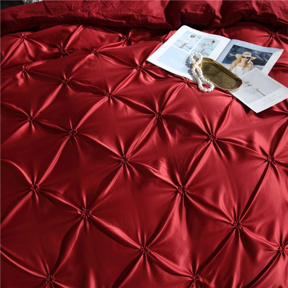 Miss Cora Pintuck Duvet Cover Set Silk Like Satin, Bedding Pinch Pleated Ruffle Design Silky Microfiber Bedding Sets 8 Colors-Red, King