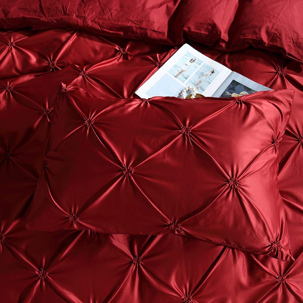 Miss Cora Pintuck Duvet Cover Set Silk Like Satin, Bedding Pinch Pleated Ruffle Design Silky Microfiber Bedding Sets 8 Colors-Red, King