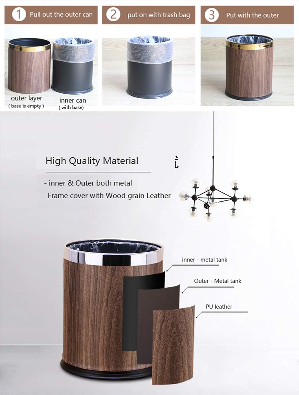 GohomeLoby Metal Trash Can, Double Cans Top Open Without Lid Waste Bin Hotel Office Wastebasket (Walnut Leather Silver Ring)