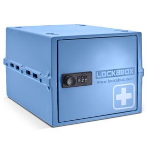 lockabox one™ | premium medicine lock box | 10 litre medication lock box with code for medicines, vitamins & supplements | external size 12 x 8 x 6.6 inches (medi blue)