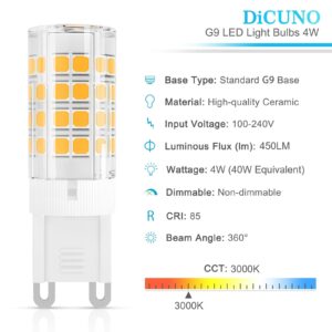 DiCUNO G9 LED Light Bulb 4W, 40W Halogen Replacement, Warm White 3000K, G9 Bi-Pin Ceramic Base, 120V, 450LM, Non-dimmable, for Chandelier Light, Pendant Light, 6-Pack