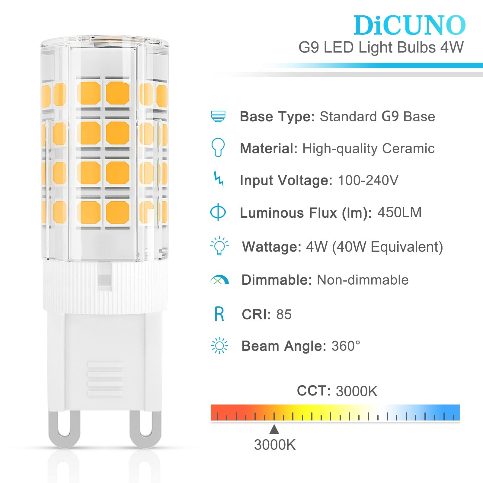 DiCUNO G9 LED Light Bulb 4W, 40W Halogen Replacement, Warm White 3000K, G9 Bi-Pin Ceramic Base, 120V, 450LM, Non-dimmable, for Chandelier Light, Pendant Light, 6-Pack