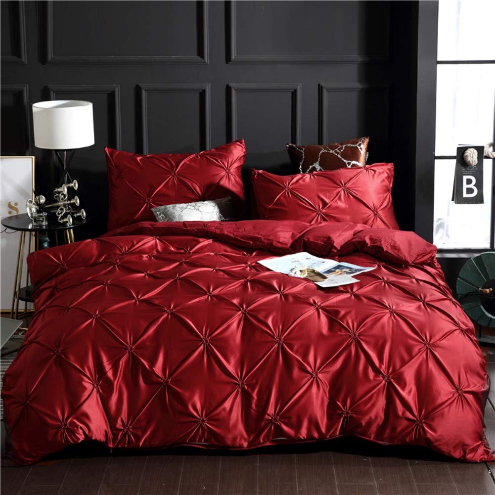 Miss Cora Pintuck Duvet Cover Set Silk Like Satin, Bedding Pinch Pleated Ruffle Design Silky Microfiber Bedding Sets 8 Colors-Red, King