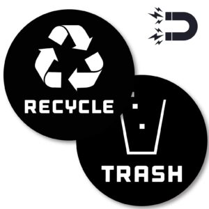 recycle trash sticker magnets for kitchen trash cans and recycle bins - 4in circle - combo for garbage cans and recycle bins (black - magnetic)