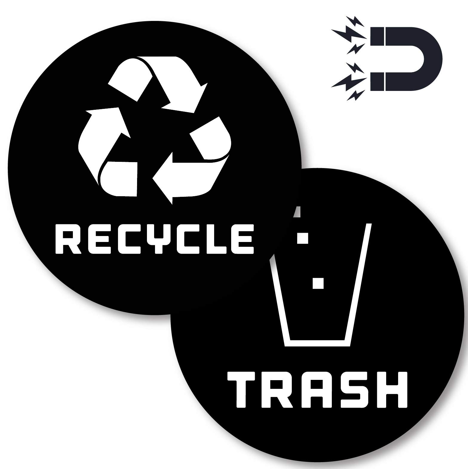 Recycle Trash Sticker Magnets for Kitchen Trash cans and Recycle Bins - 4in Circle - Combo for Garbage cans and Recycle Bins (Black - Magnetic)