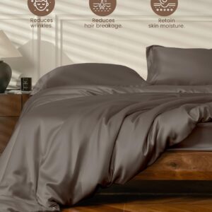 THXSILK 25 Momme Silk Duvet Cover Set 4PCS(1 Duvet Cover + 1 Fitted Sheet + 2 Pillow Shams),100% Mulberry Natural Silk Bedding Set (Charcoal, King)