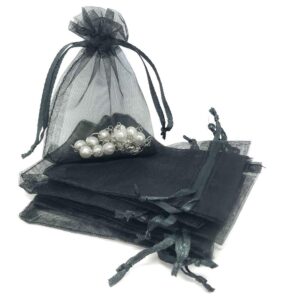 thedisplayguys 100-pack 4x6 black sheer organza gift bags with drawstring, goodie bags for jewelry, candy bags, treat bags, wedding favors small mesh bags