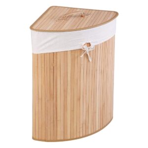 goflame corner bamboo laundry hamper with lid and removable liner, washing clothes basket storage bin with handle, suitable for bedroom, bathroom, laundry (natural)