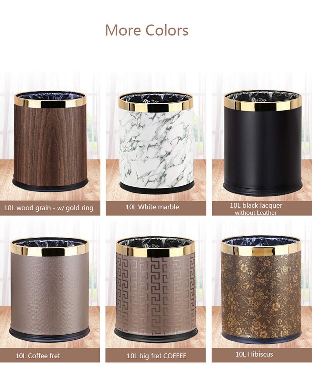 GohomeLoby Metal Trash Can, Double Cans Top Open Without Lid Waste Bin Hotel Office Wastebasket (Walnut Leather Silver Ring)