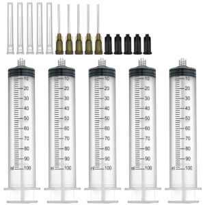 5 pack 100ml syringes with 14g 1.0'' blunt tip needles and storage caps(luer lock), plastic reusable syringe for glue applicator, oil dispensing multiple uses