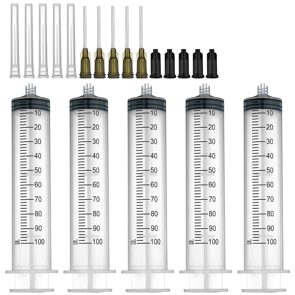 5 Pack 100ml Syringes with 14G 1.0'' Blunt Tip Needles and Storage Caps(Luer Lock), Plastic Reusable Syringe for Glue Applicator, Oil Dispensing Multiple Uses