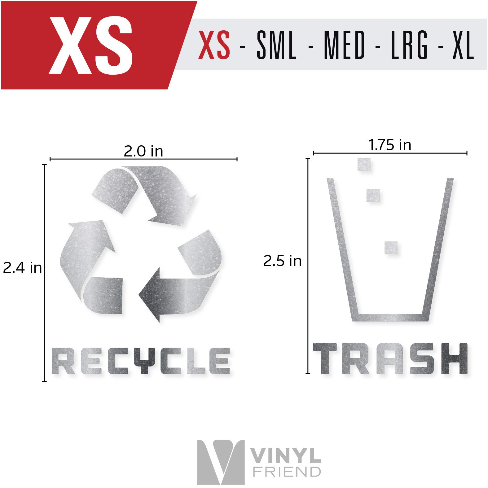 Recycle and Trash Stickers Modern Logo (1 ea) Symbol to Organize Trash cans or Garbage containers and Walls - Vinyl Decal Sticker (XSmall -Reversed - Silver Metallic)