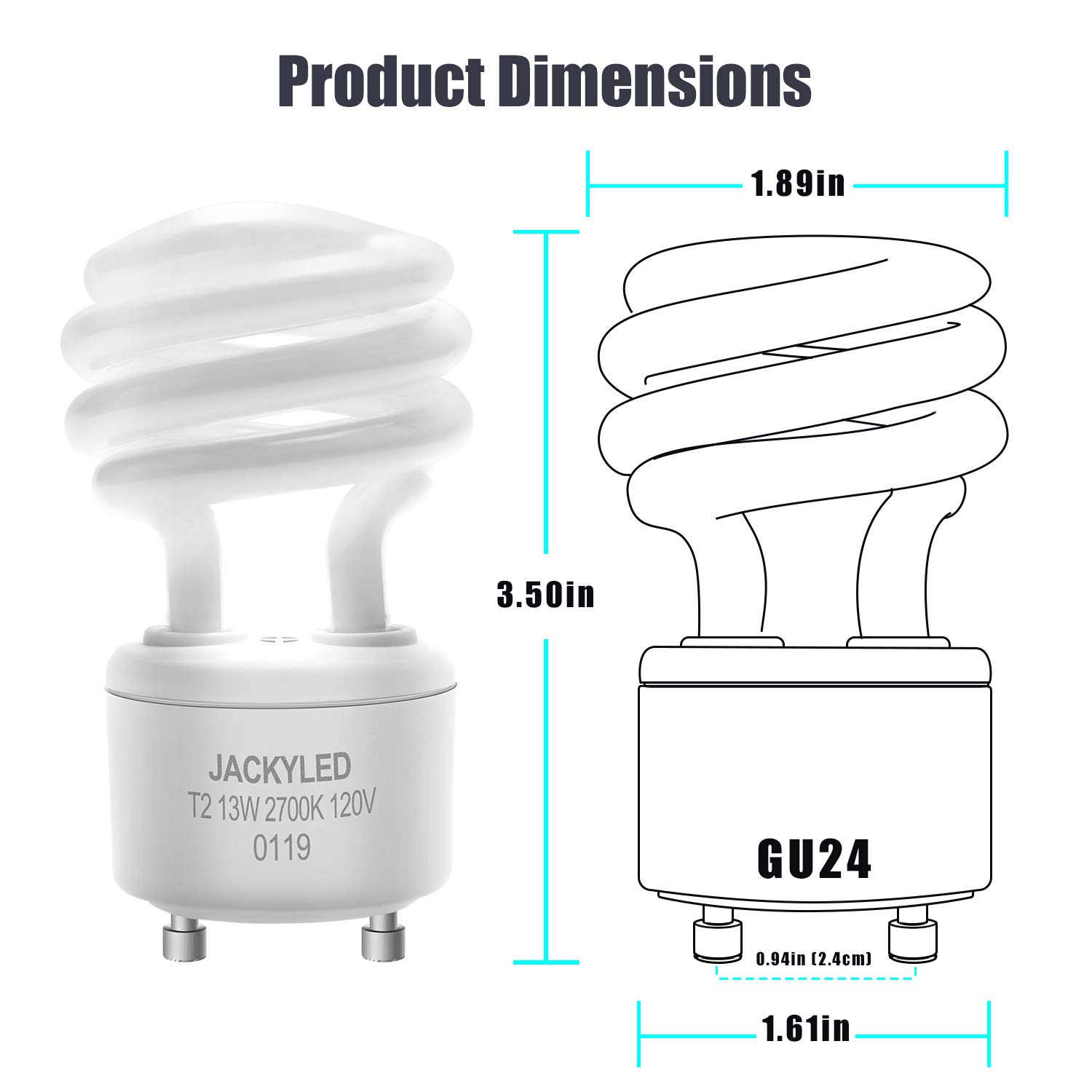 JACKYLED UL-Listed 13w Gu24 CFL 2700k T2 Spiral Gu24 Base 2-Prong Warm White Gu24 Fluorescent Light Bulbs Indoor Use (4-Pack)