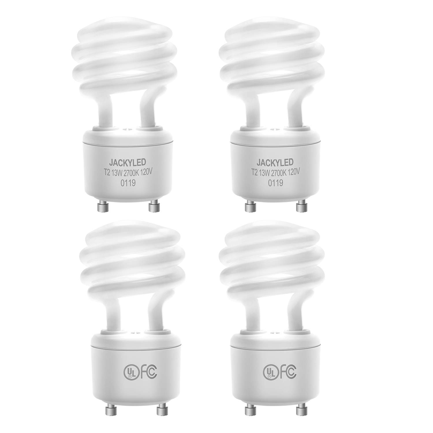 JACKYLED UL-Listed 13w Gu24 CFL 2700k T2 Spiral Gu24 Base 2-Prong Warm White Gu24 Fluorescent Light Bulbs Indoor Use (4-Pack)