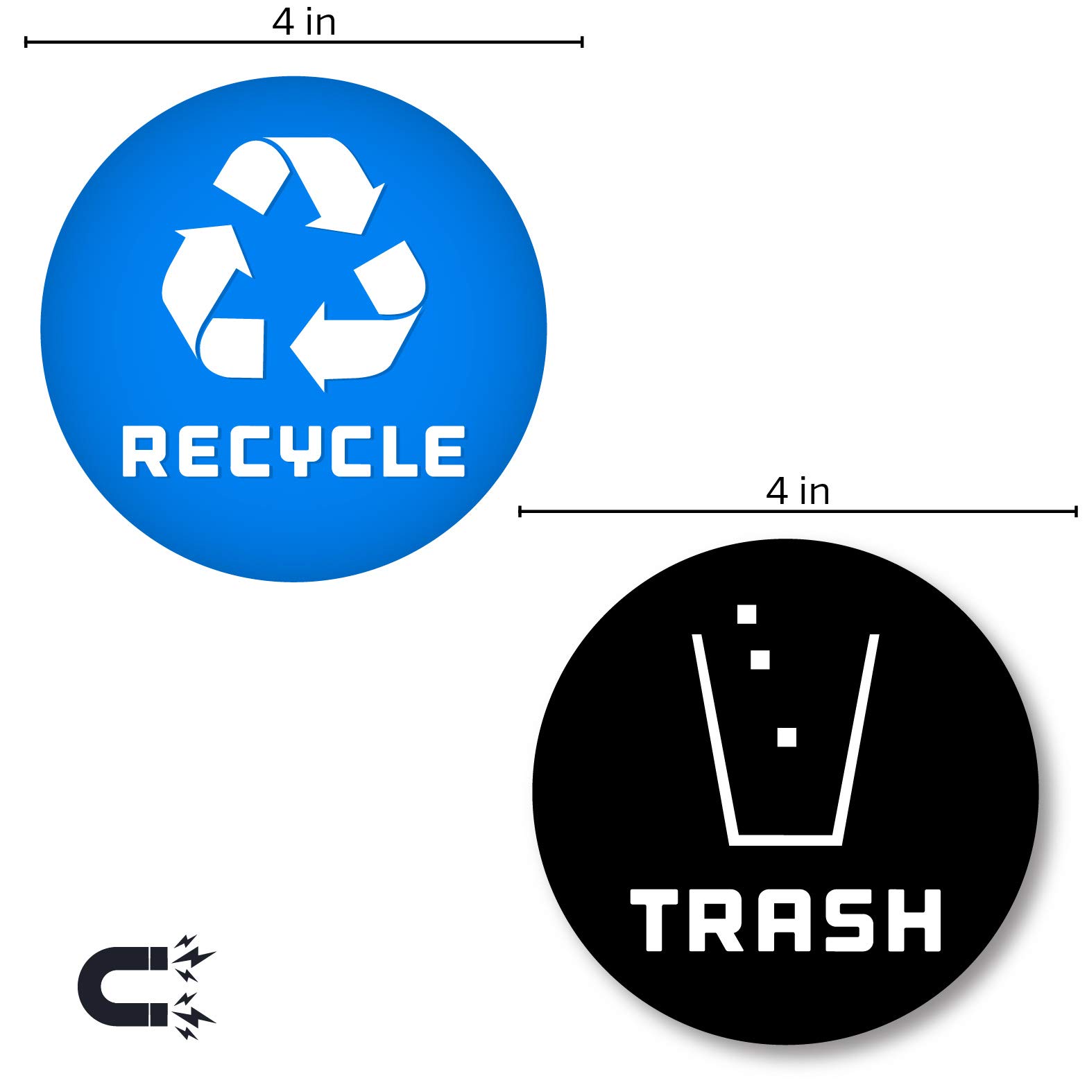 Recycle Trash Sticker Magnets for Kitchen Trash cans and Recycle Bins - 4in Circle - Combo for Garbage cans and Recycle Bins (Blue - Magnetic)