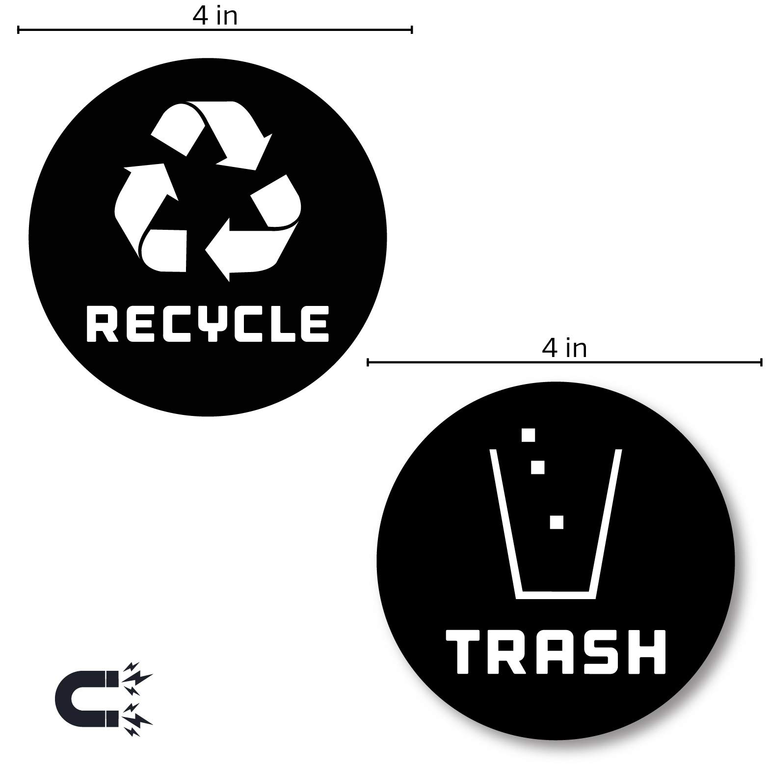 Recycle Trash Sticker Magnets for Kitchen Trash cans and Recycle Bins - 4in Circle - Combo for Garbage cans and Recycle Bins (Black - Magnetic)