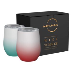 natumax insulated wine tumblers with lid,12 oz stainless steel stemless wine glasses double wall vacuum travel tumbler cup for coffee, drinks, champagne, beverage, set of 2