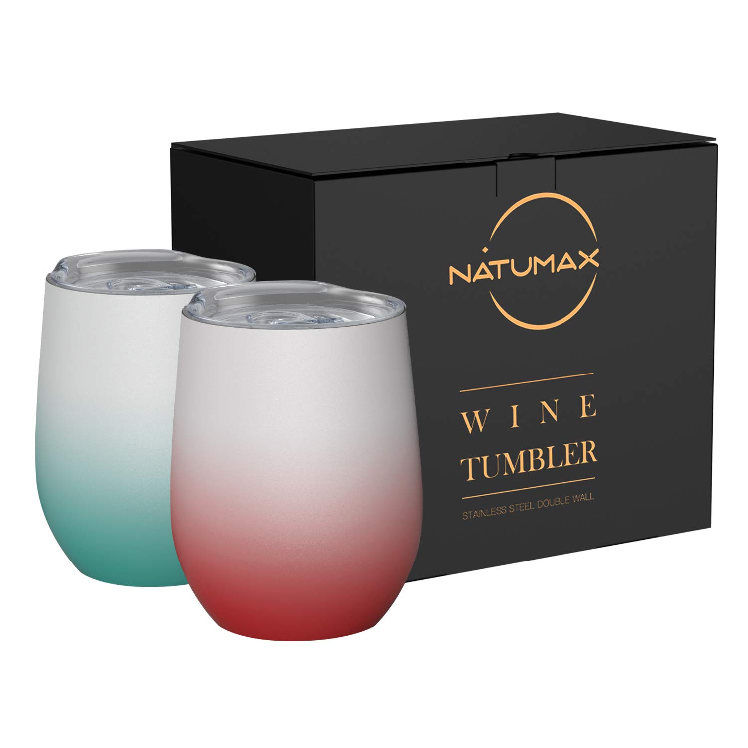 NATUMAX Insulated Wine Tumblers with Lid,12 oz Stainless Steel Stemless Wine Glasses Double Wall Vacuum Travel Tumbler Cup for Coffee, Drinks, Champagne, Beverage, Set of 2