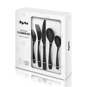 matte black silverware set, bysta 20-piece stainless steel flatware cutlery set for 4, satin finish, dishwasher safe, nice box package