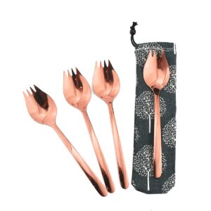 gugrida 4 pcs rose gold spork for household use camping travel hiking, 18/10 stainless steel spoon fork, noodles appetizer dessert spoon, healthy & eco-friendly silverware set, 8.26-in w/portable bag