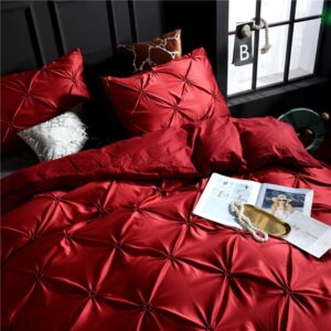 Miss Cora Pintuck Duvet Cover Set Silk Like Satin, Bedding Pinch Pleated Ruffle Design Silky Microfiber Bedding Sets 8 Colors-Red, King