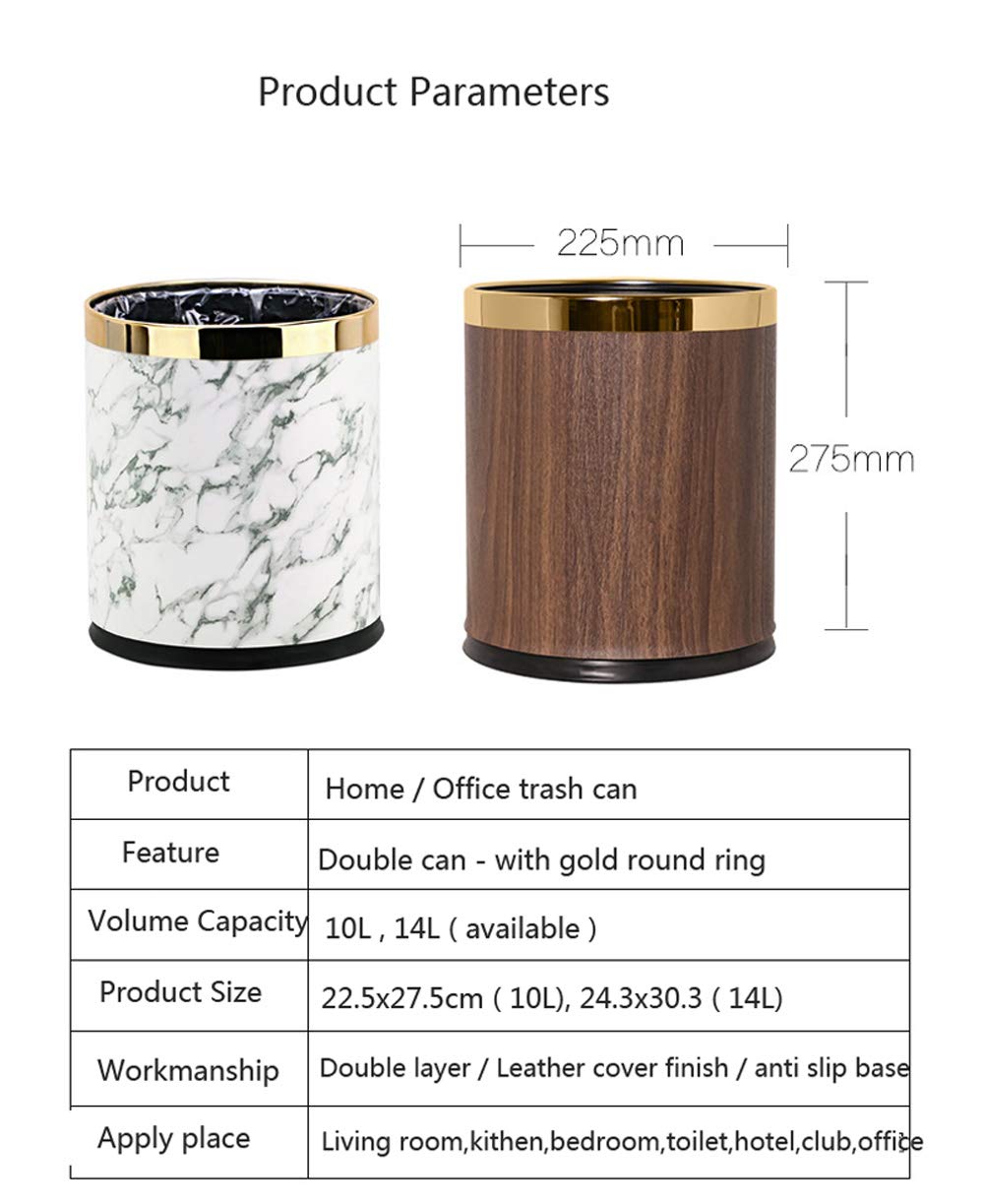 GohomeLoby Metal Trash Can, Double Cans Top Open Without Lid Waste Bin Hotel Office Wastebasket (Walnut Leather Silver Ring)