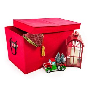 [multi use christmas decoration storage box] - self standing container with id tag holder for easy identification - for garland storage and other miscellaneous decor storage (red)