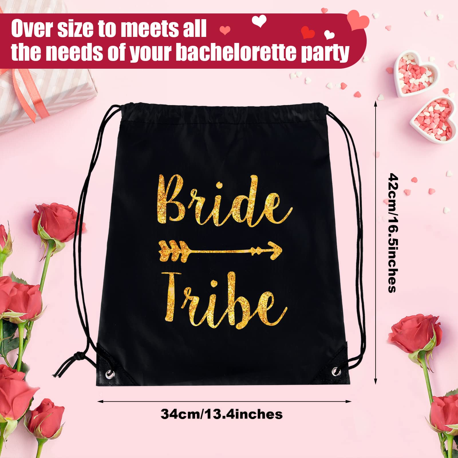 Maitys 12 Pieces Bride Drawstring Bags Bachelorette Party Drawstring Backpacks for Bridal Shower Wedding Party Bridesmaids Supplies Gift Bag (Black)