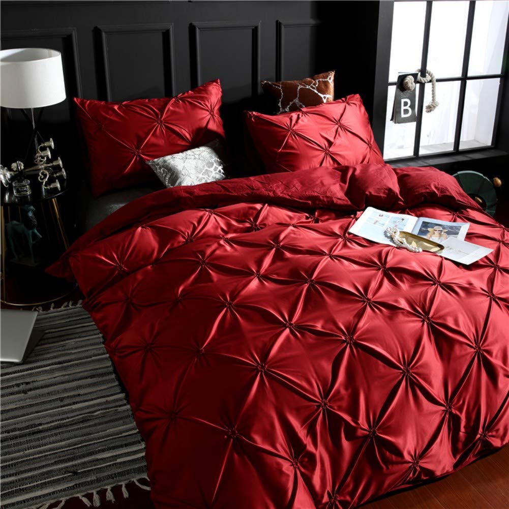 Miss Cora Pintuck Duvet Cover Set Silk Like Satin, Bedding Pinch Pleated Ruffle Design Silky Microfiber Bedding Sets 8 Colors-Red, King