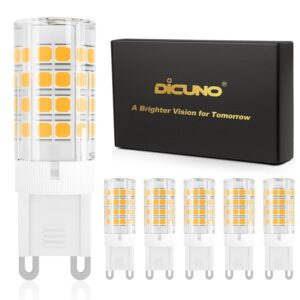 dicuno g9 led light bulb 4w, 40w halogen replacement, warm white 3000k, g9 bi-pin ceramic base, 120v, 450lm, non-dimmable, for chandelier light, pendant light, 6-pack