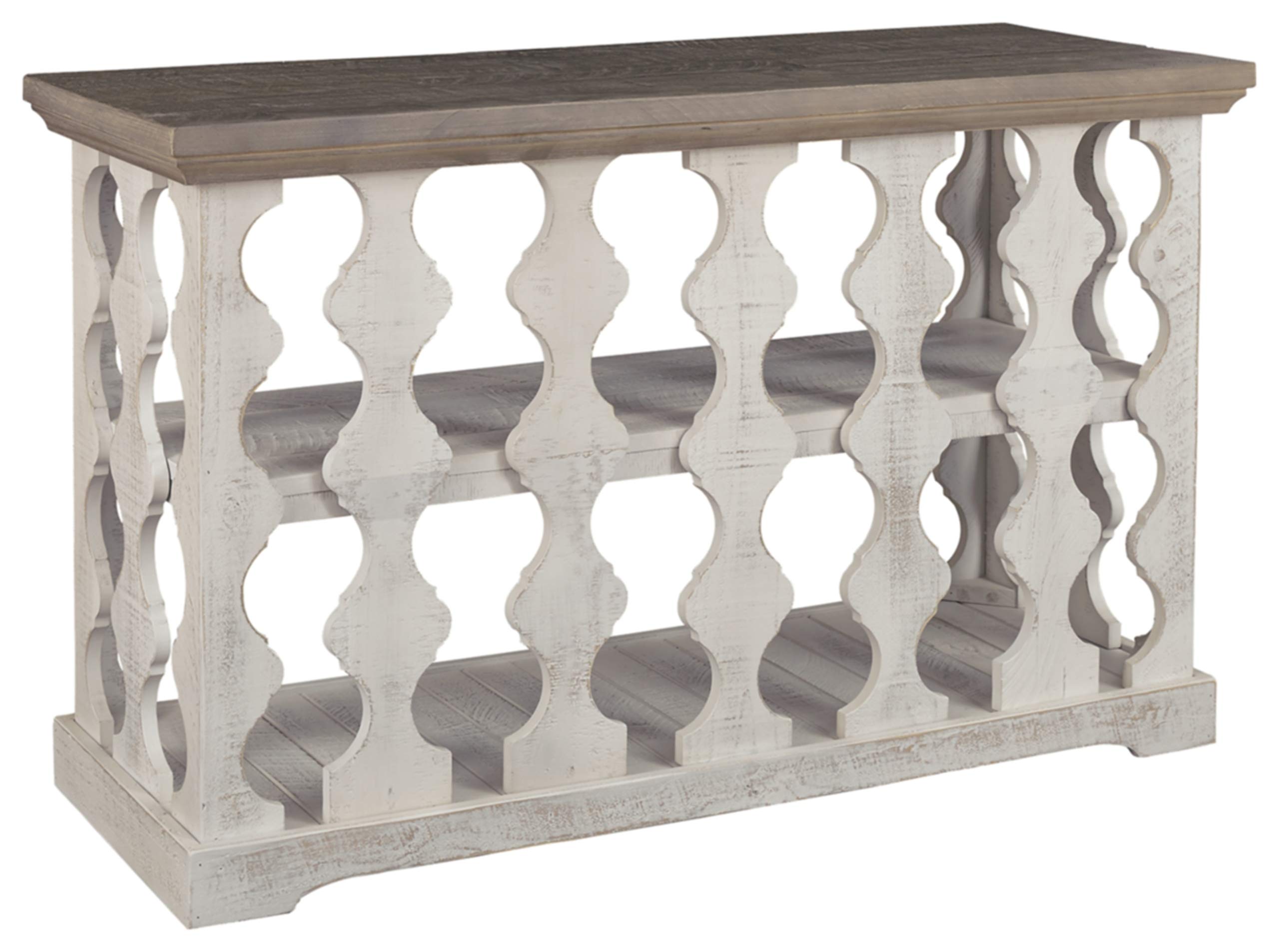 Signature Design by Ashley Havalance Farmhouse Sofa Table with 2 Fixed Storage Shelves, Gray & White with Weathered Finish