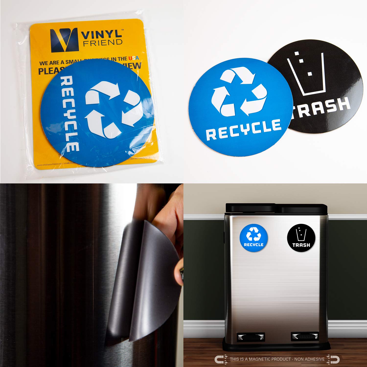 Recycle Trash Sticker Magnets for Kitchen Trash cans and Recycle Bins - 4in Circle - Combo for Garbage cans and Recycle Bins (Blue - Magnetic)