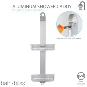 Bath Bliss Adjustable Aluminum 2 Tier Hanging Shower Caddy | Large | Bathroom Storage | Good for Shampoo, Soaps, Razors, Wash Cloths | Rust Proof | Silver