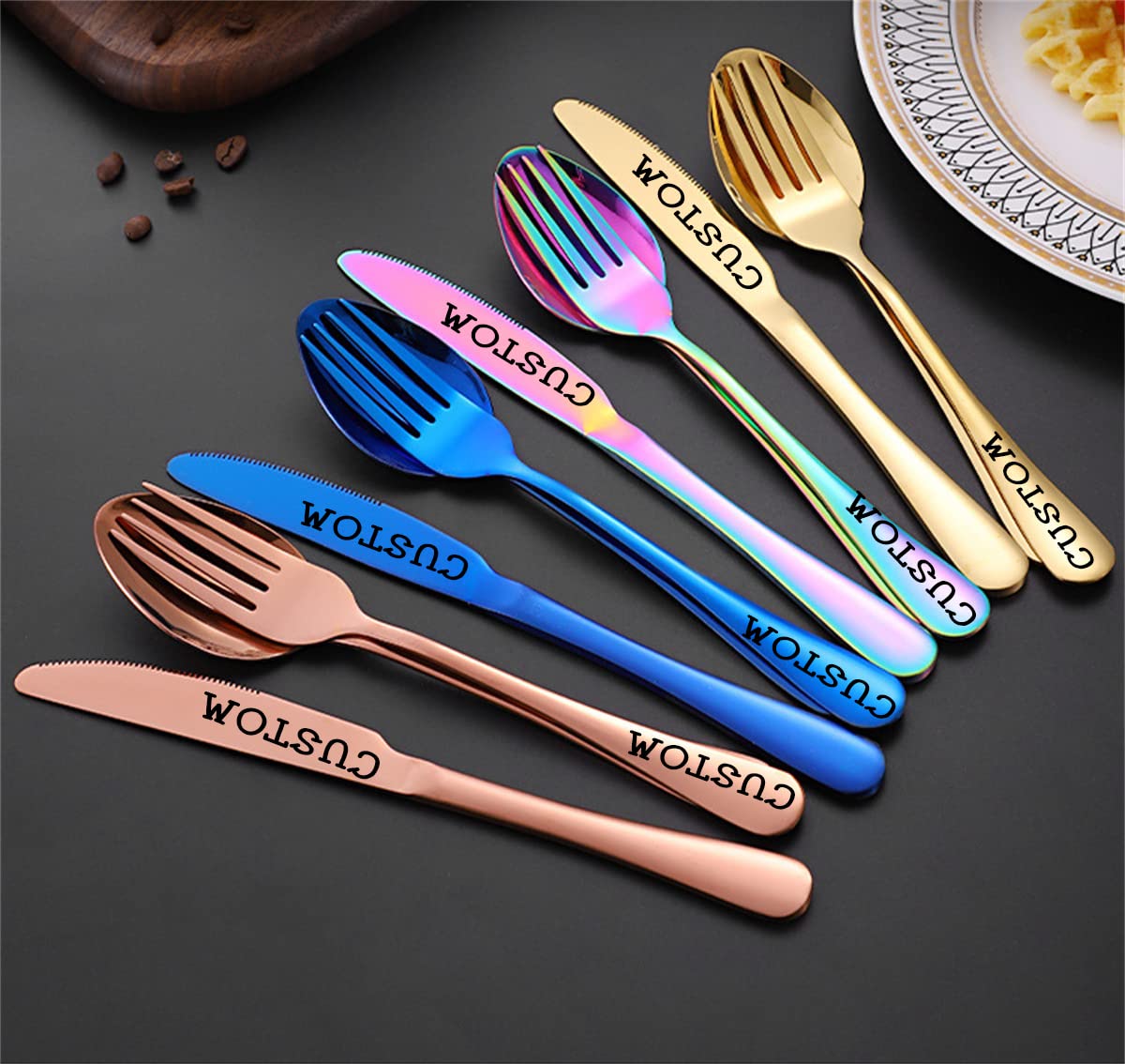 OBTIAN Stainless Steel Customized Flatware Set,Engraving Name Knife Forks Spoon,Personalized names will be engraved on your tableware, Customized Birthday Christmas Gift Blue