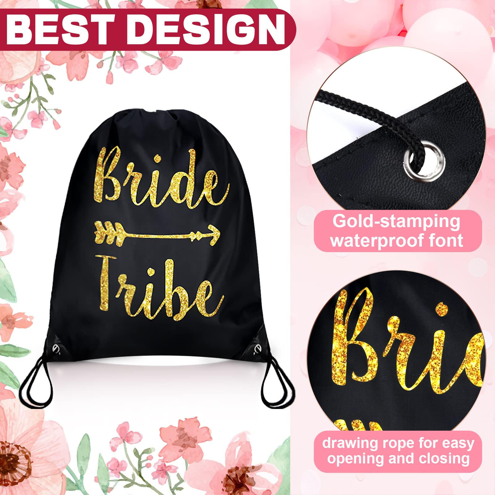 Maitys 12 Pieces Bride Drawstring Bags Bachelorette Party Drawstring Backpacks for Bridal Shower Wedding Party Bridesmaids Supplies Gift Bag (Black)