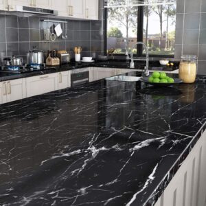 Livelynine Black Marble Wallpaper for Kitchen Counter Top Black Peel and Stick Contact Paper for Countertops Waterproof Desk Dresser Table Cover Sticker Renter Friendly Countertop Vinyl Wrap 15.8x78.8