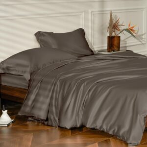 thxsilk 25 momme silk duvet cover set 4pcs(1 duvet cover + 1 fitted sheet + 2 pillow shams),100% mulberry natural silk bedding set (charcoal, king)