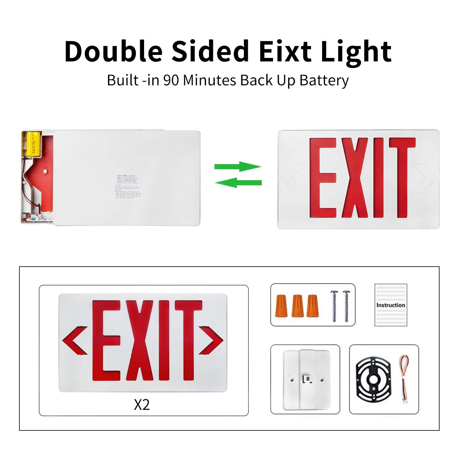 AKT LIGHTING Emergency Exit Sign, Double Face Commercial LED Emergency Exit Lighting with Back-Up Battery Exit Light Combo for Hallways UL Certificated(Red, 6 Pack)