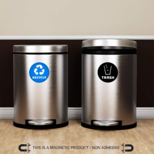 Recycle Trash Sticker Magnets for Kitchen Trash cans and Recycle Bins - 4in Circle - Combo for Garbage cans and Recycle Bins (Blue - Magnetic)